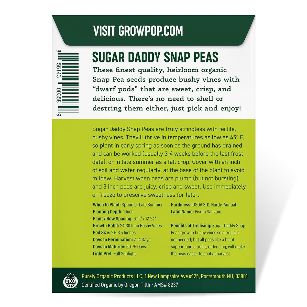 Purely Organic Heirloom Snap Pea Seeds - Sugar Daddy (Approx 75 Seeds ...